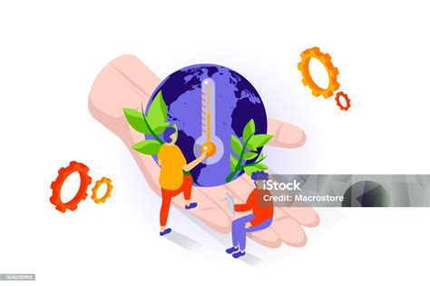 3d 아이소메트릭 디자인의 에코 라이프스타일 개념 지구 온난화와 기후 변화에 맞서 싸우는 사람들은 환경 친화적 인 기술을 사용합니다 웹 그래픽을 위한 등각측정 장면이 있는