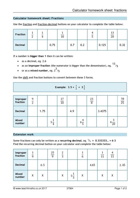 Calculator Fractions Homework Ks3 Maths Teachit