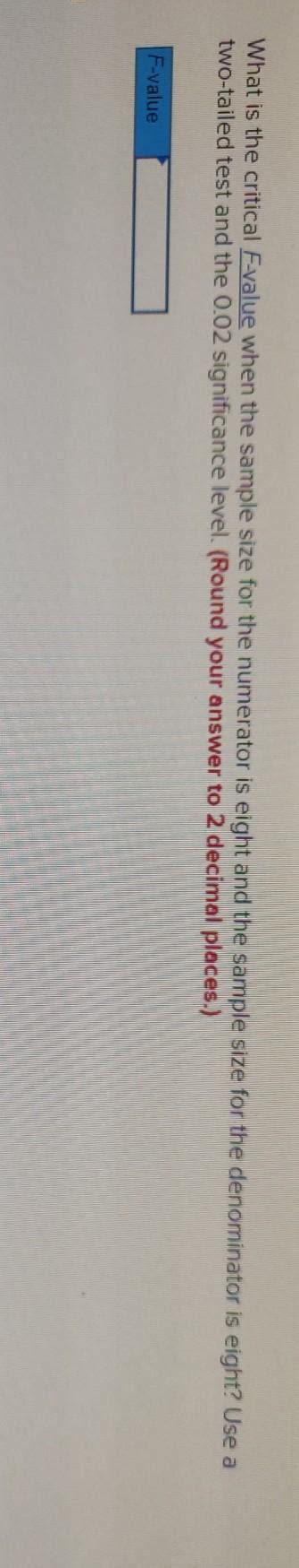 Solved What Is The Critical F Value When The Sample Size For Chegg