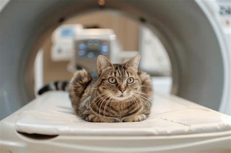 Tabby Cat Sitting Inside An Mri Scanner In A Medical Setting Premium