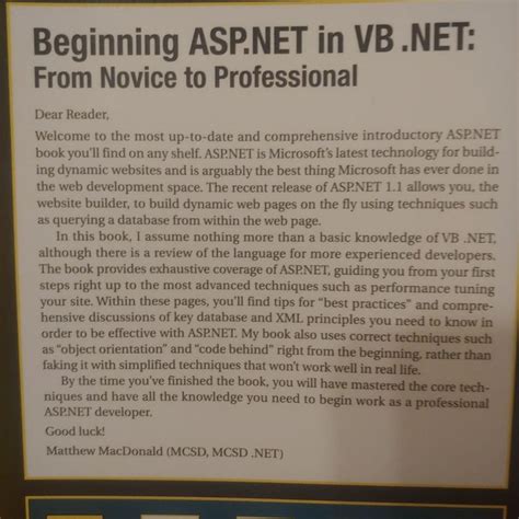 Beginning Asp Net In Vb Net By Matthew Macdonald Paperback Pangobooks