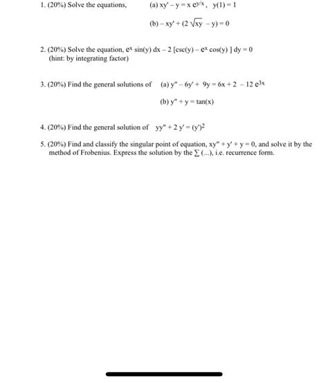 solved 1 20 solve the equations a xy′−y xey x y 1 1