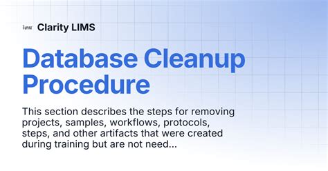 Database Cleanup Procedure Clarity LIMS