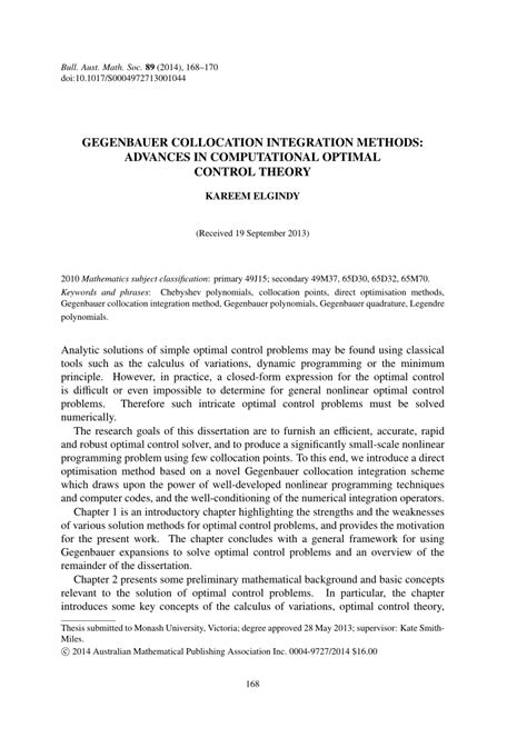 Pdf Gegenbauer Collocation Integration Methods Advances In Computational Optimal Control Theory