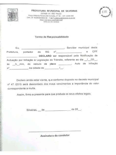 Termo De Responsabilidade Pdf Multas De Trânsito Pdf