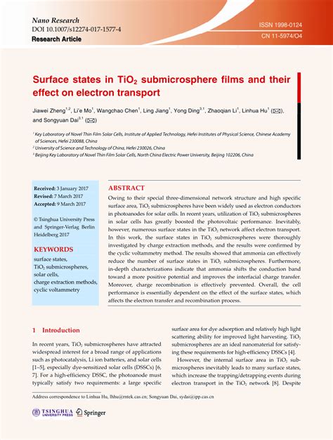 Pdf Surface States In Tio2 Submicrosphere Films And Their Effect On Electron Transport