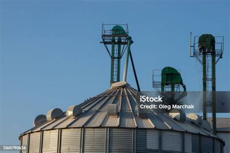 곡물 작물의 저장 및 처리를위한 큰 현대 식물 화창한 날에는 곡물창고의 전망을 감상하실 수 있습니다 곡물의 큰 철 통 가공 및 건조를 위한 농가 제조 공장의 실버 사일로