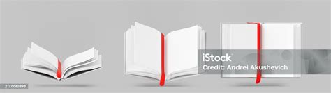빈 종이 페이지와 빨간색 책갈피 격리 렌더링 아이콘이 있는 3d 열린 책입니다 다양한 각도에서 흰색 덮개가 있는 일기 또는