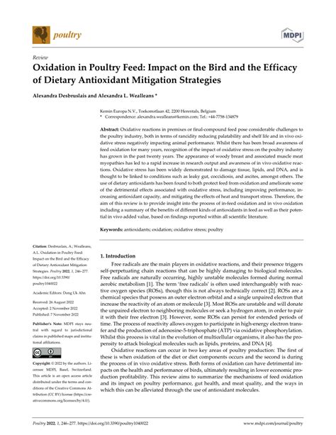 Pdf Oxidation In Poultry Feed Impact On The Bird And The Efficacy Of Dietary Antioxidant
