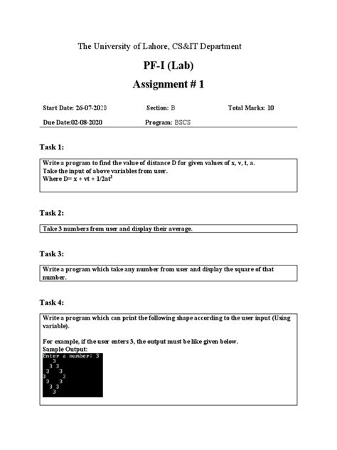 Pf I Lab Assignment 1 The University Of Lahore Csandit Department Pdf