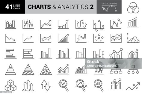 차트 및 다이어그램 선 아이콘입니다 편집 가능한 스트로크 픽셀 완벽한 모바일 및 웹용 원형 차트 주식 시장 데이터 조직 차트 진행 보고서 막대 그래프와 같은 아이콘이