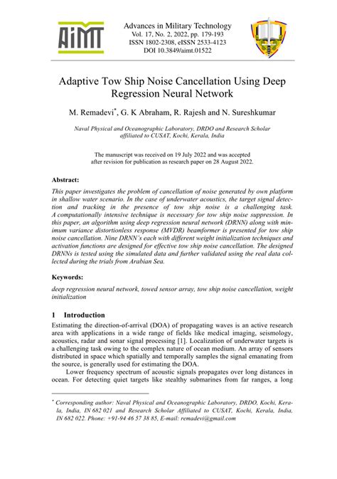 Pdf Adaptive Tow Ship Noise Cancellation Using Deep Regression Neural Network