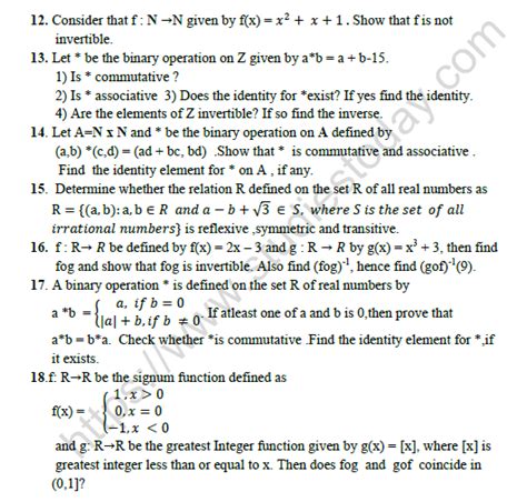 Relation And Function Class 12 Mathematics Practice Worksheets Set 3 Pdf