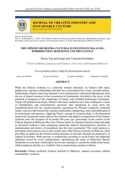 Pdf The Chinese Orchestra Cultural Ecosystem In Malaysia Hybridisation Resilience And Prevalence