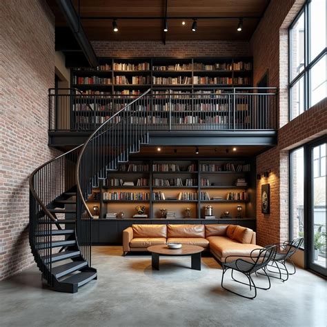Industrial Loft With Mezzanine Library Libreria Ufficio Design