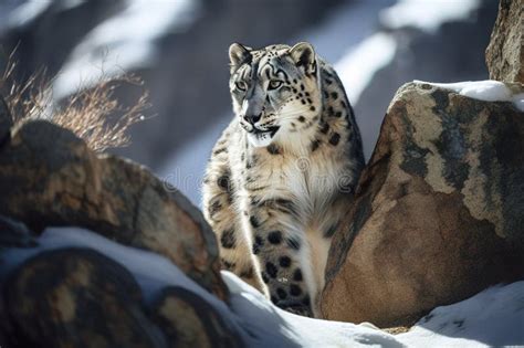 A Snow Leopard Camouflaged Amidst The Rocky Terrain Embodying The