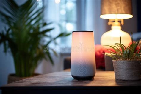 A Lit Artificial Intelligence Speaker On A Living Room Table Stock Illustration Illustration