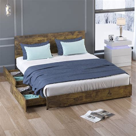 Mjkone King Size Wooden Storage Bed Frame With 4 Drawers