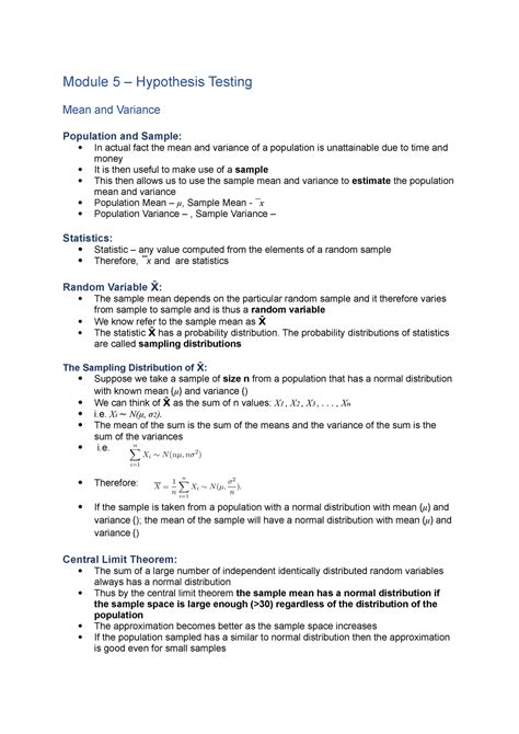 Module 5 Notes Hypothesis Testing Module 5 Hypothesis Testing Mean And Variance Population