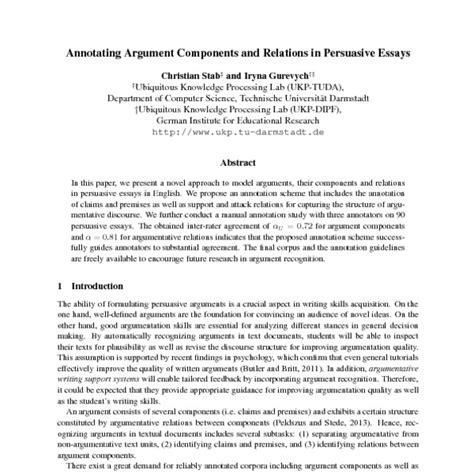 Annotating Argument Components And Relations In Persuasive Essays Acl Anthology
