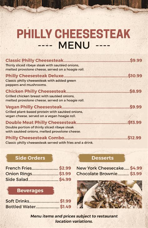 Vintage Philly Cheesesteak Menu Template For Your Restaurant