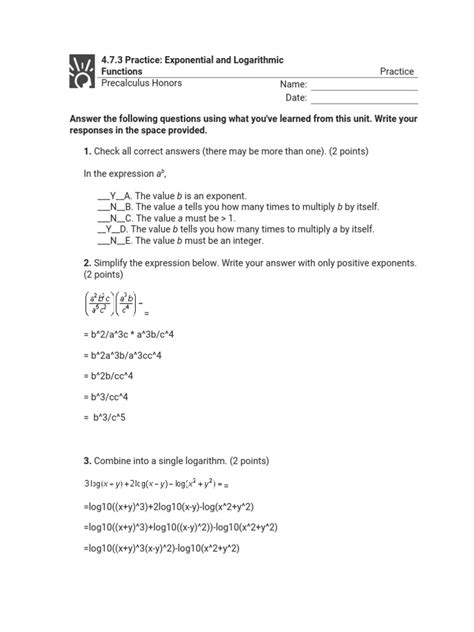 473 Practice Exponential And Logarithmic Functions Practice 2