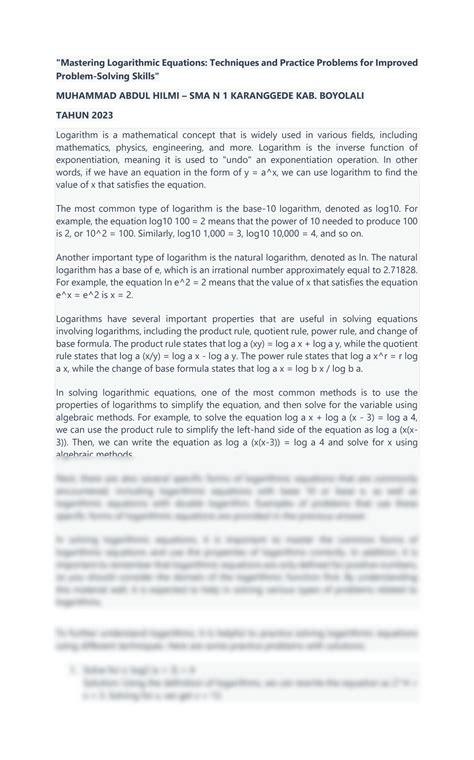 Solution Mastering Logarithmic Equations Techniques And Practice