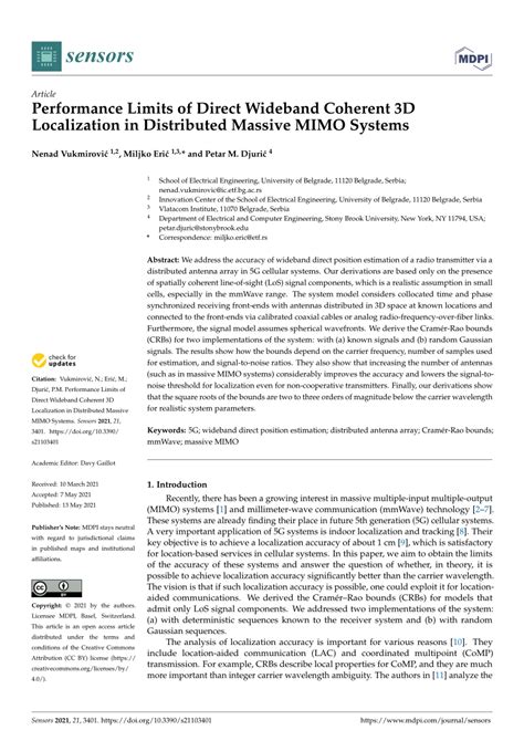 Pdf Performance Limits Of Direct Wideband Coherent 3d Localization In Distributed Massive Mimo