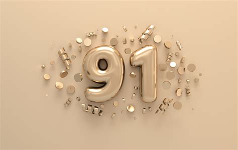 황금 3d 번호 91 축제 색종이와 나선형 리본 91 애니메이션 이벤트 파티를 축하하기위한 포스터 템플릿 3d 렌더 0명에 대한 스톡 사진 및 기타 이미지 Istock