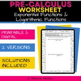 Precalculus Worksheet Exponential Functions And Logarithmic Functions
