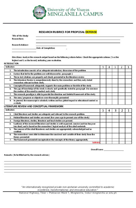 Rubrics For Defense And Final Rrl Output Research Rubrics For Proposal Defense Title Of The