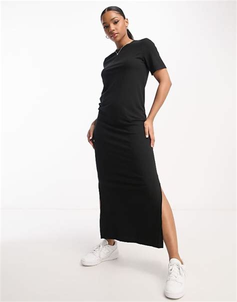 Pieces Ribbed Maxi T Shirt Dress In Black Asos