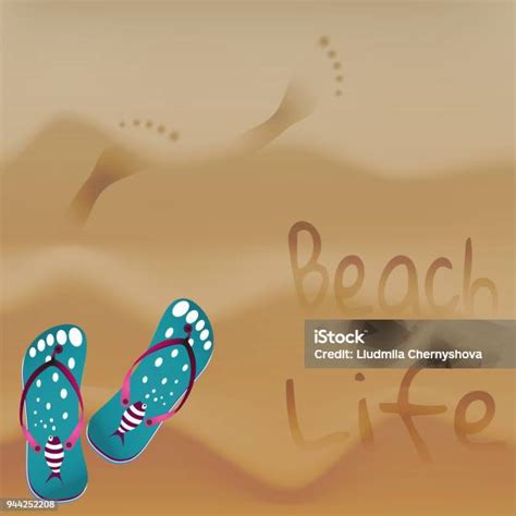 해변의 이미지와 밝은 여름 벡터 일러스트 슬리퍼 플립 플롭 텍스트 해변 생활입니다 섬유 포스터 전단지의 디자인에 대 한 사용할