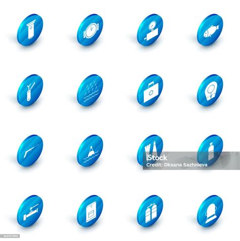 다이빙 시계 게이지 스케일 물고기 스위스 군용 칼 낚시 작살 비와 파도 후드 및 구급 상자 아이콘을 설정합니다 벡터 3차원 형태에 대한 스톡 벡터 아트 및 기타 이미지