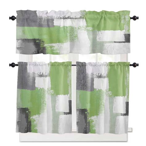 Sage Green White Kitchen Curtains Set For Windows 3 Pieces 24 Inch