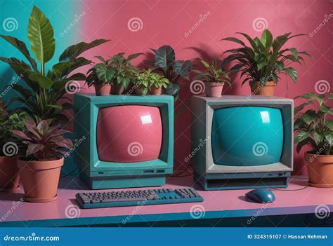Retro Desktop Computer With Green Crt Monitor Stock Illustration Illustration Of Green Pink