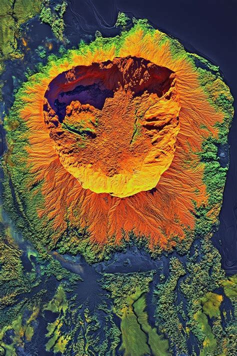 Satellite Generated Gis Map Of A Volcanic Crater With Lidar Data Rendering Elevation Gradients