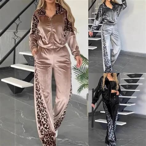 Womens Tracksuit Leopard Print Contrasting Trousers Long Sleeved