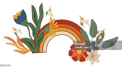 긍정적 인 히피 구성 70 년대 화려한 무지개 꽃과 나뭇잎 사이키델릭 그루브 요소 인사말 카드 포스터 엽서 배너에 적합합니다 벡터 70 79세에 대한 스톡 벡터 아트 및