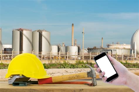 Premium Photo Man Using Mobile Phone In Factory Against Sky