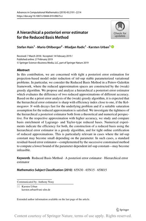A Hierarchical A Posteriori Error Estimatorfor The Reduced Basis Method Request Pdf