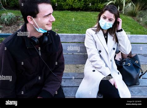 French Couple French People Wearing Mask To Prevent The Spread Of