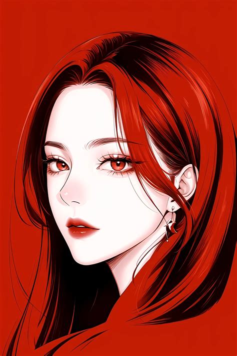 빨간 머리와 빨간 배경을 가진 여자의 그림 Seaart Ai