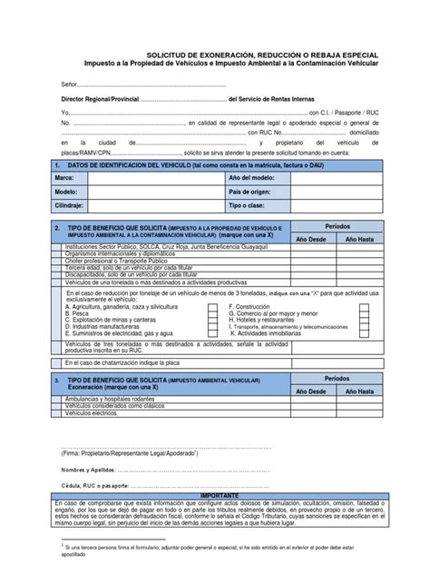 Solicitud De Exoneración Reducción Y Rebaja Especial Pdf
