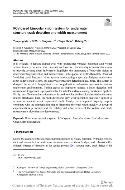 Rov Based Binocular Vision System For Underwater Structure Crack