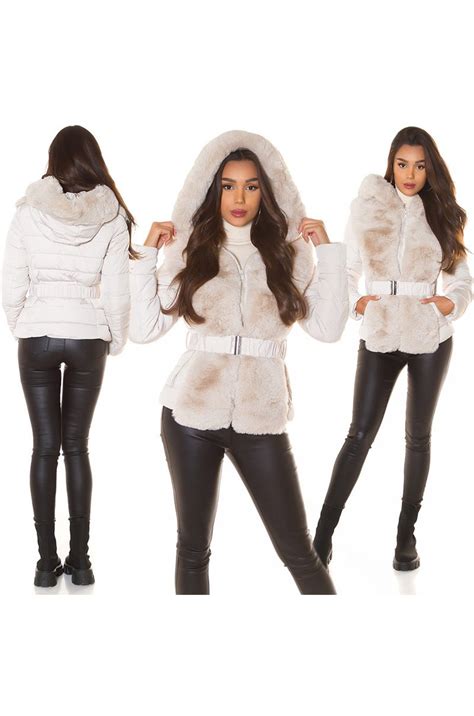 Geaca Dama De Iarna Scurta Cu Blana Eco Bej Si Gluga Irenka Jojofashion Ro