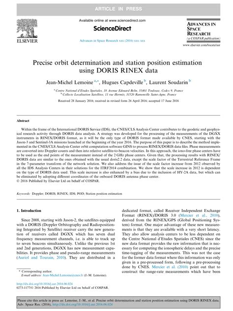 Pdf Precise Orbit Determination And Station Position Estimation Using Doris Rinex Data