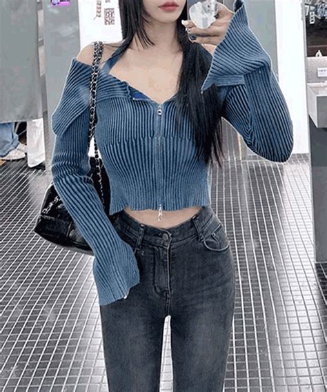 고퀄 핏보장 홀터 오프숄더 투웨이 크롭니트 집업 COLOR 에이블리