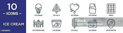 Eiscremeoutlineiconset Enthält Dünnes Eis Eiscreme Menü Standortpin Shopsymbole Für Bericht