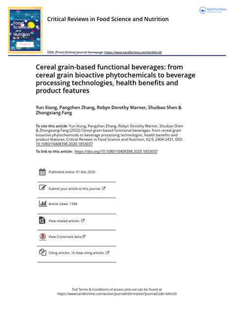Cereal Grain Based Functional Beverages From Cereal Grain Bioactive